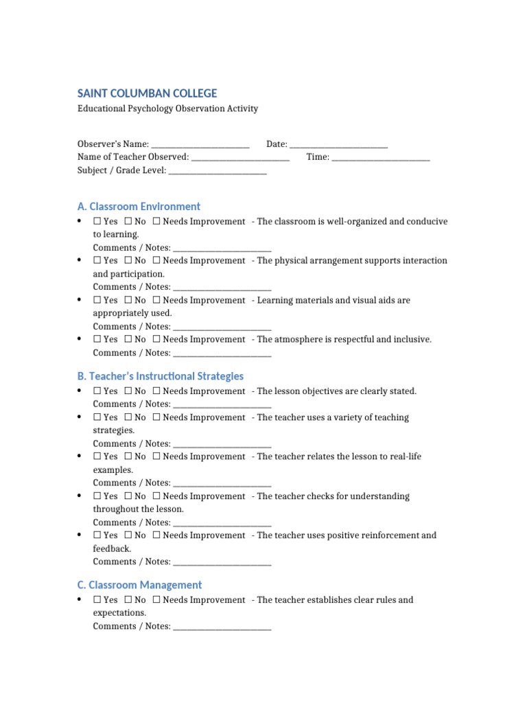 Saint Columban College Observation Form | PDF | Teachers | Behaviorism