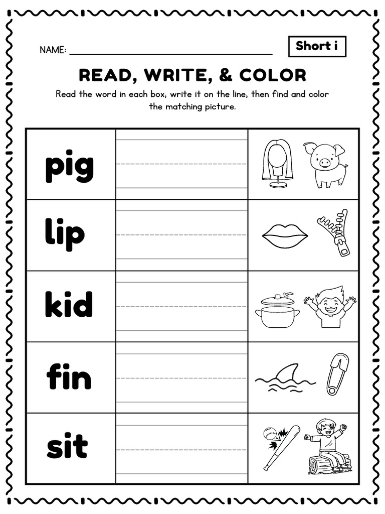 Literacy Short I (CVC) Read, Write, and Color Worksheet Black and White ...