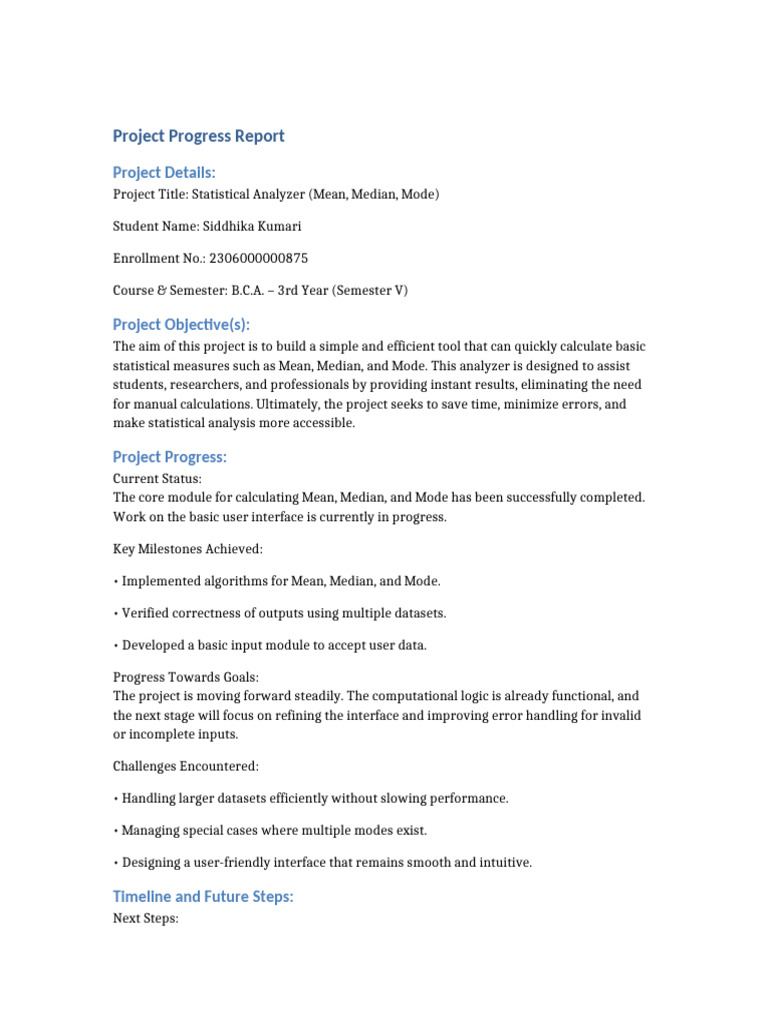 Project Progress Report Statistical Analyzer Sem5 | PDF