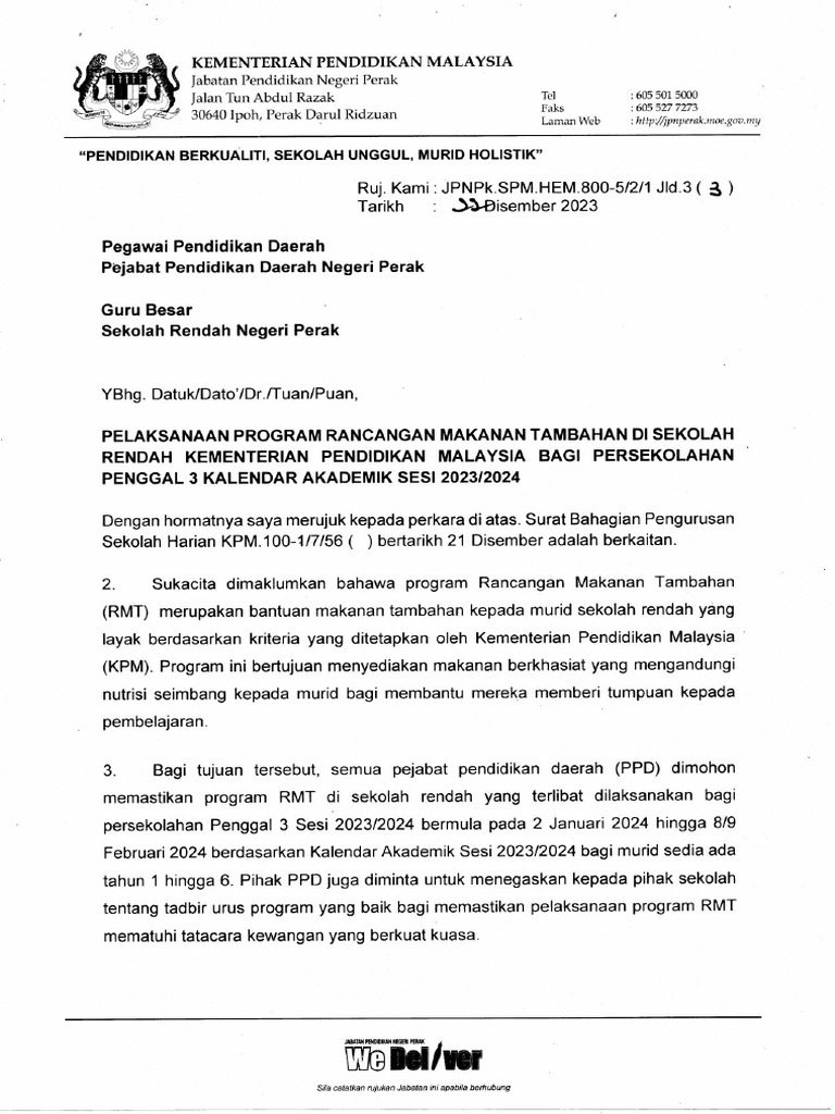 Surat Arahan KPM Pelaksanaan RMT 2024 | PDF