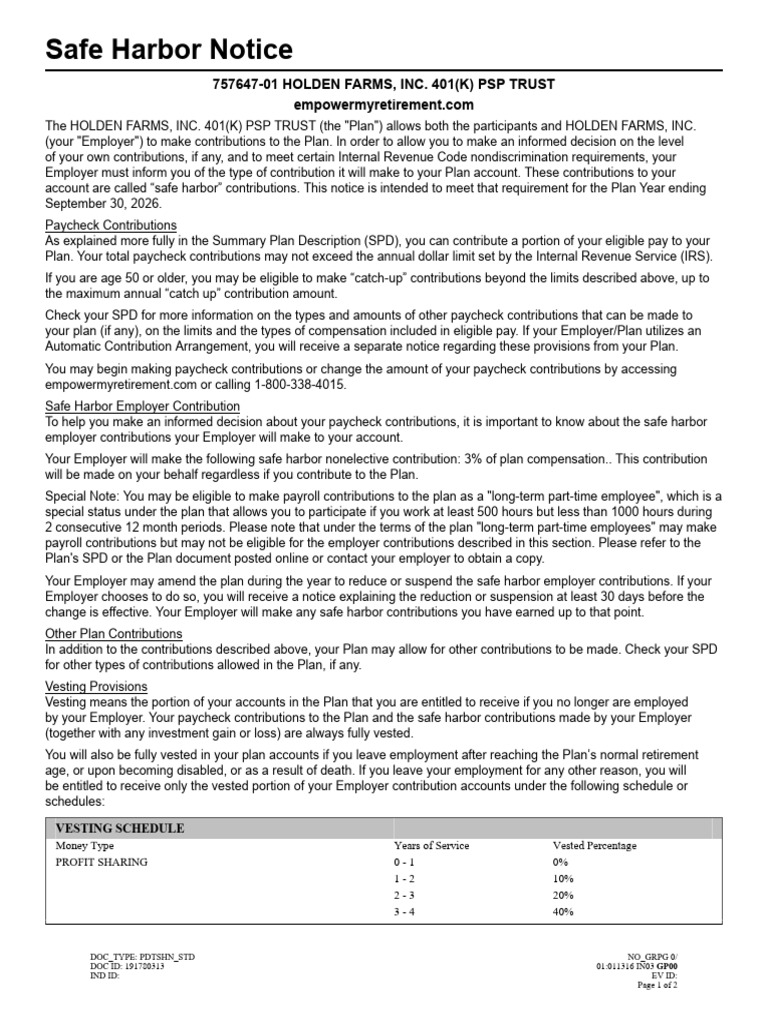 Holden Farms 401(k) Safe Harbor Notice | PDF | Employment | 401(K)