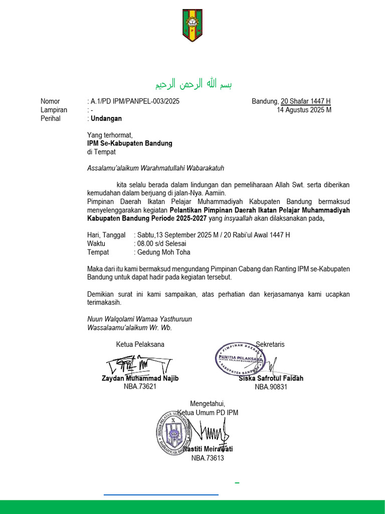 Undangan Pelantikan IPM Kabupaten Bandung | PDF