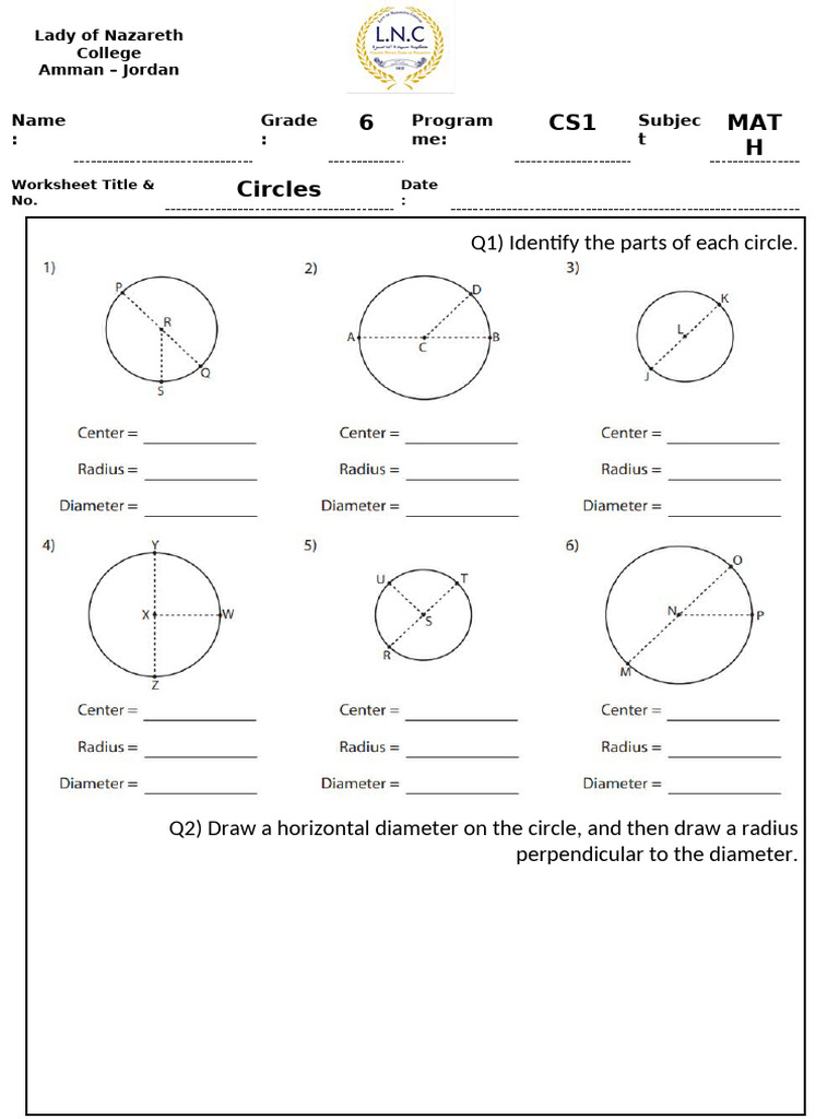 Grade 6 Circle Worksheet | PDF | Circle | Diameter