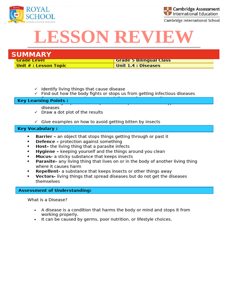 G5 BIL Science U1.4 Diseases Lesson Summary | PDF | Parasitism | Infection
