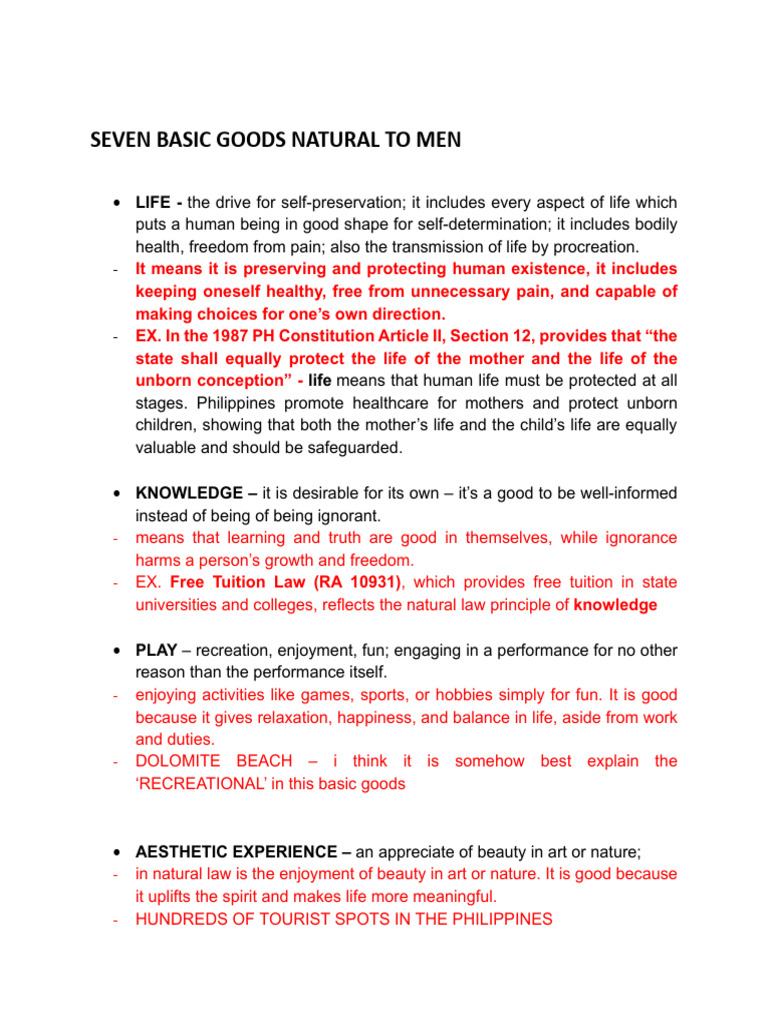 Seven Basic Goods Natural To Men | PDF | Liberal Arts Education