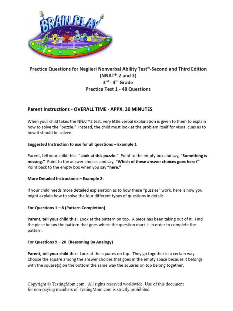 NNAT 3rd-4th Grade - Practice Test 1 - Testing Mom | PDF | All Rights ...