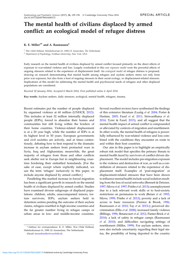 The Mental Health of Civilians Displaced by Armed Conflict An ...