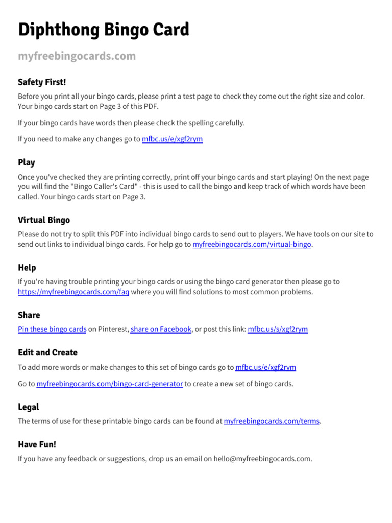 Diphthong Bingo Card Printable Set | PDF | Play (Activity) | Gaming