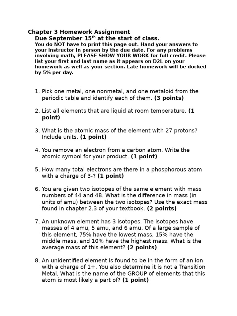 CHEM1020 Fall2025 Chapter3 Homework Assignment | PDF