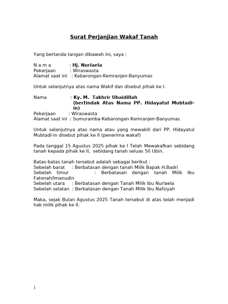 Surat Perjanjian Wakaf Tanah 2025 | PDF
