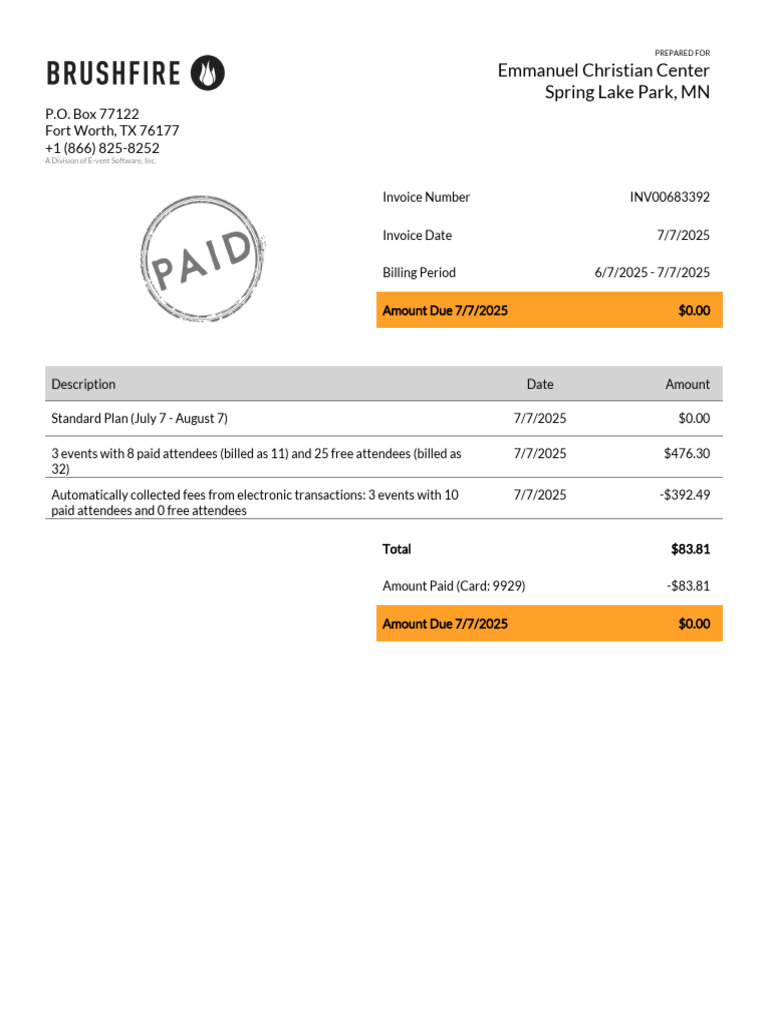 Emmanuel Christian Center Invoice Summary | PDF