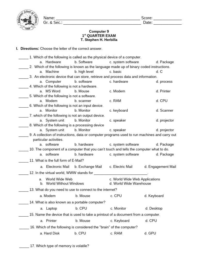 2nd Monthly Test in Computer 9 | PDF | Computer Data Storage | Solid ...
