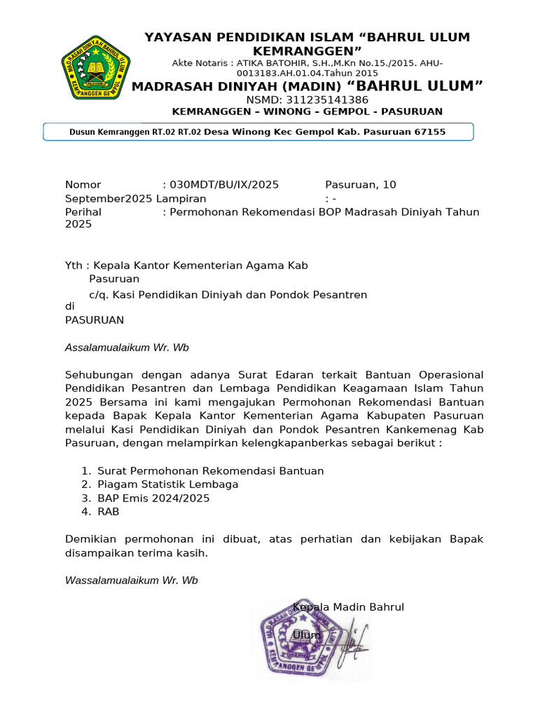 Format Surat Permohonan Rekom Bantuan | PDF