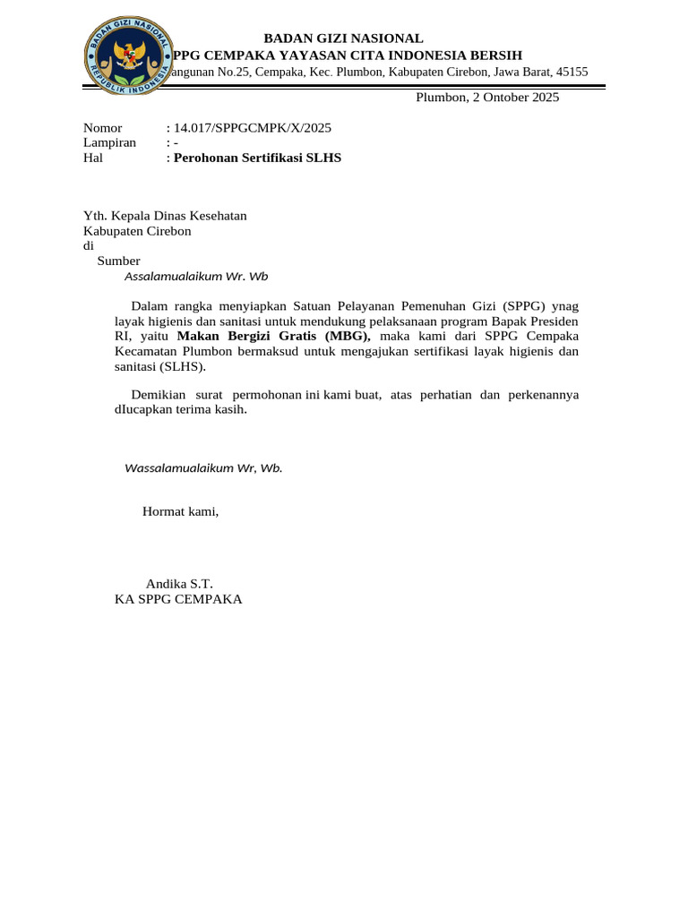 Permohonan Sertifikasi SLHS SPPG Cempaka | PDF