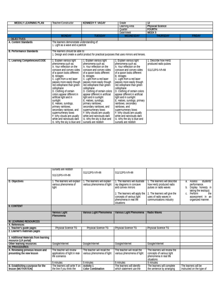 Physical Science DLP Q2W5 | PDF | Light | Rainbow