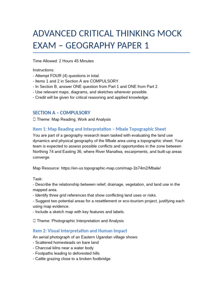 Geography Mock Exam: Critical Thinking Tasks | PDF | Geography | Human ...