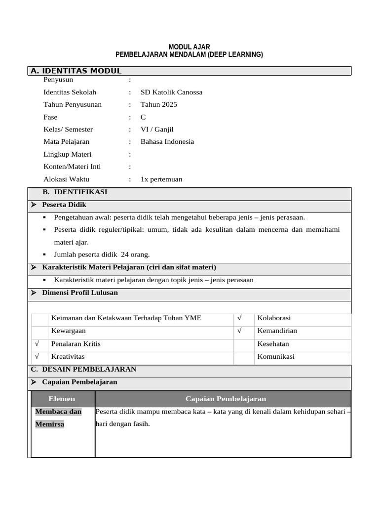 CONTOH MODUL AJAR BINDO SD DEEP LEARNING | PDF
