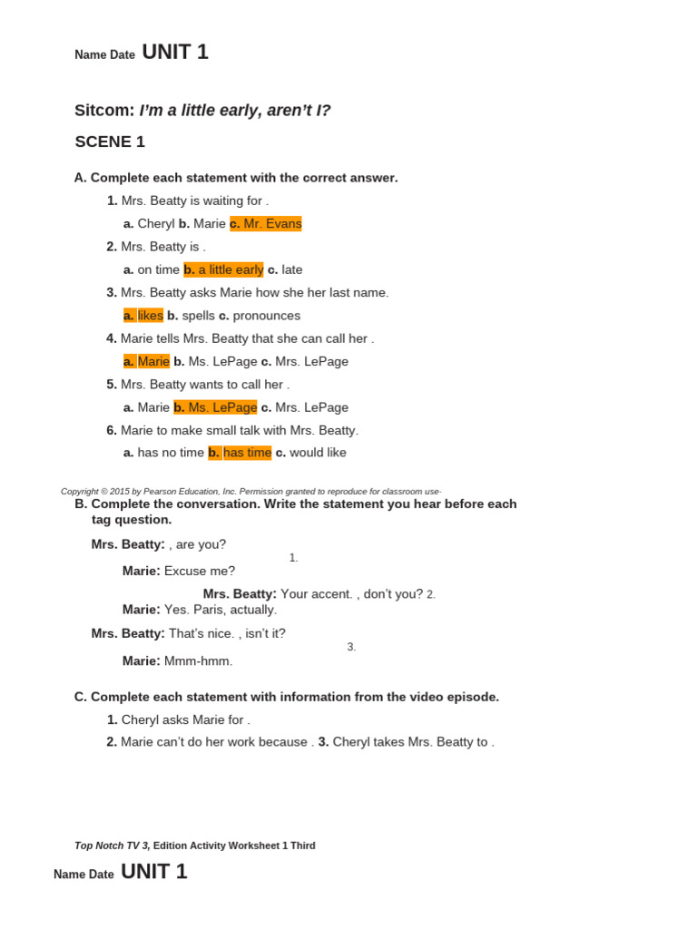 Sitcom Activity Worksheet for ESL Learners | PDF