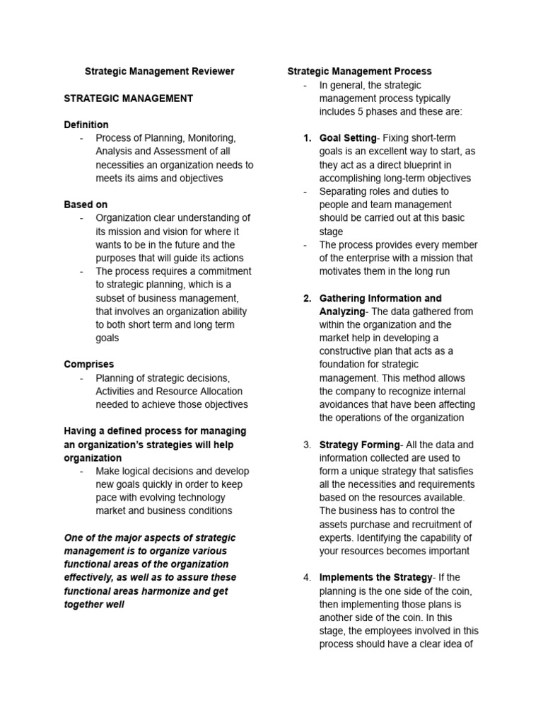 Strategic Management Reviewer | PDF | Strategic Management | Goal
