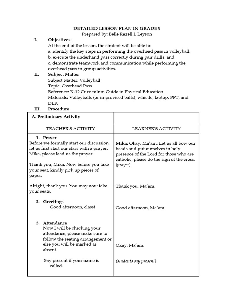 Grade 9 Volleyball Overhead Pass Lesson | PDF | Volleyball