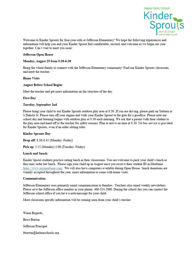 Kinder Sprouts Welcome Letter | PDF