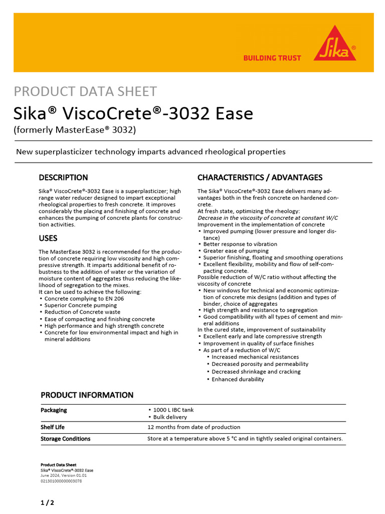 Sika ViscoCrete-3032 Ease Overview | PDF | Concrete | Rheology