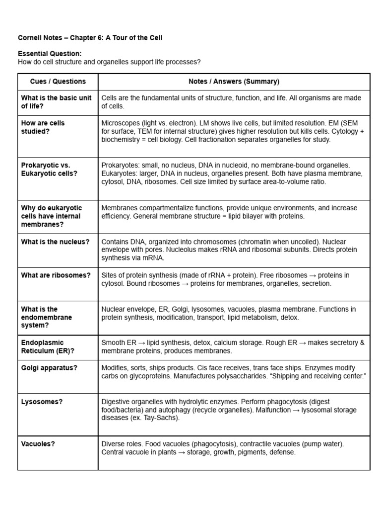 Cornell Notes - Chapter 6 - A Tour of The Cell | PDF | Cell (Biology ...