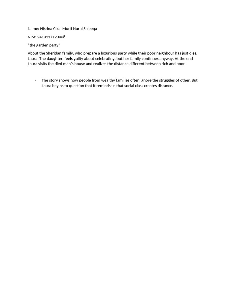 Social Class and Guilt in "The Garden Party" | PDF