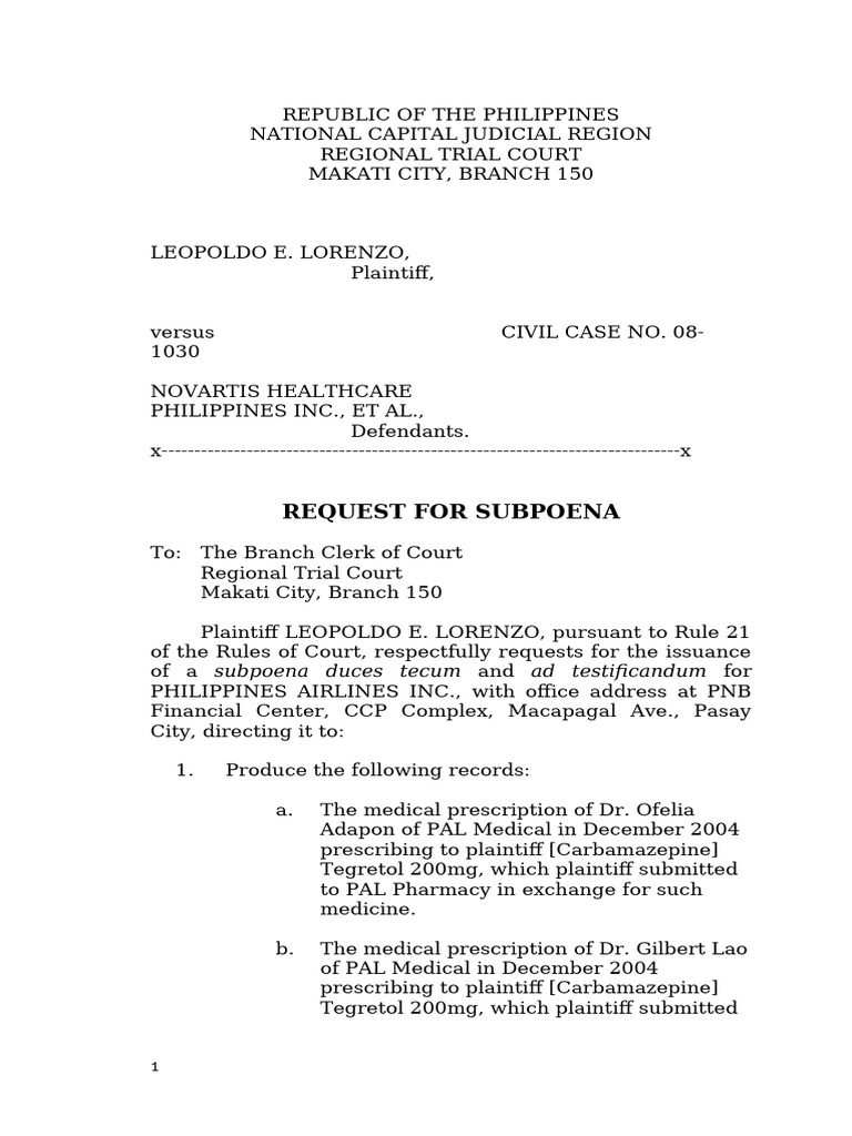 Subpoena Request for Medical Records | PDF | Justice | Crime & Violence