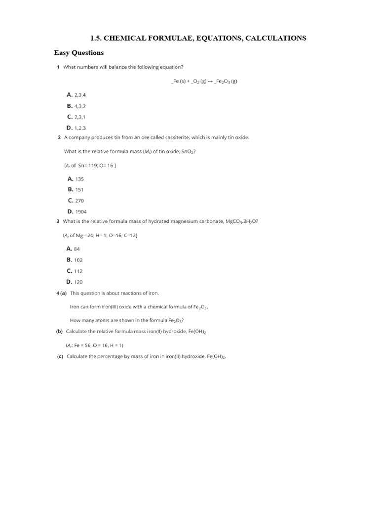 1.5. Chemical Formulae, Equations, Calculations | PDF