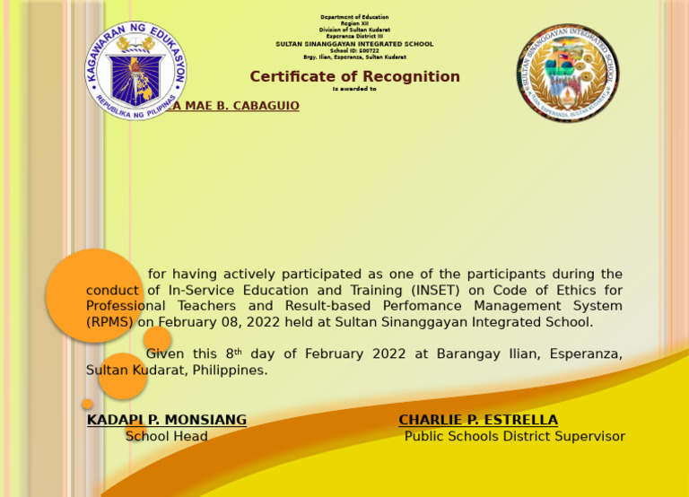 Certificate of Recognition for INSET 2022 | PDF