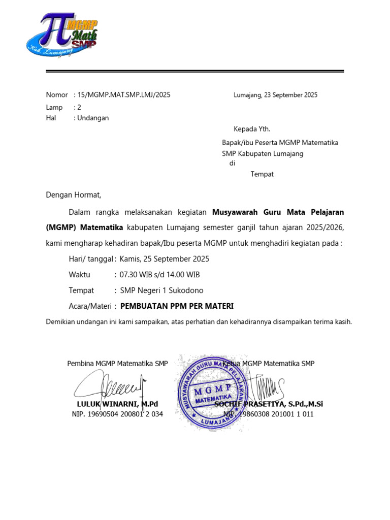 03 - Undangan MGMP MTK - 25 Sept 2025 - Pembuatan PPM Per Materi | PDF