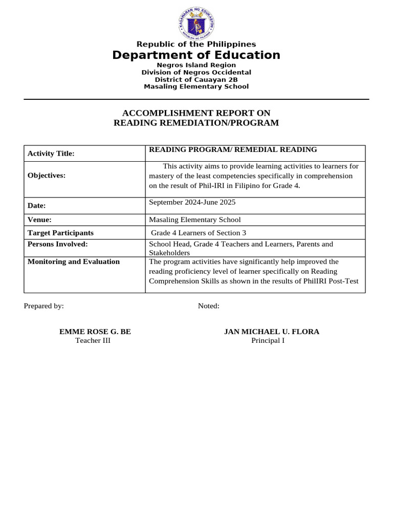 Grade 4 Reading Remediation Report | PDF | Reading Comprehension | Learning