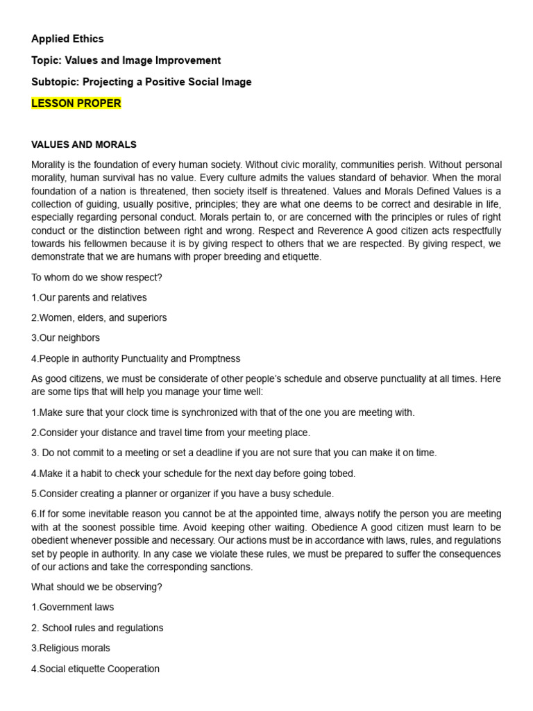Module 13. Values and Image Improvement | PDF | Communication | Morality
