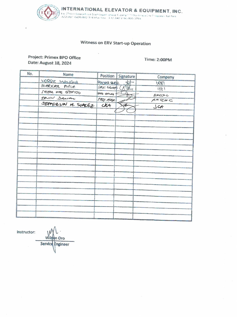 1 Primex Tower EAp1 Site Witnessing Attendance Sheet | PDF