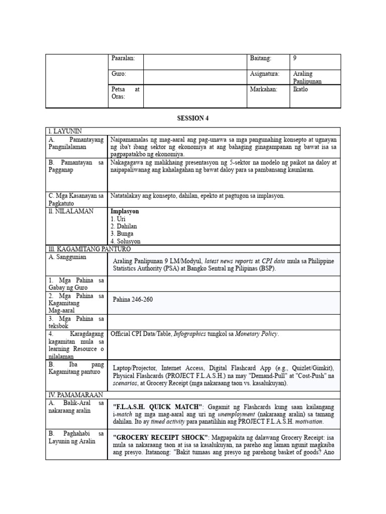 AP 9 - LP - Implasyon 1. Uri 2. Dahilan 3. Bunga 4. Solusyon | PDF