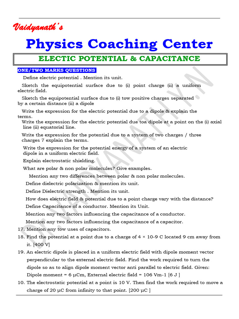 MPQ - Electric Potential & Capacitors | PDF | Capacitance | Capacitor