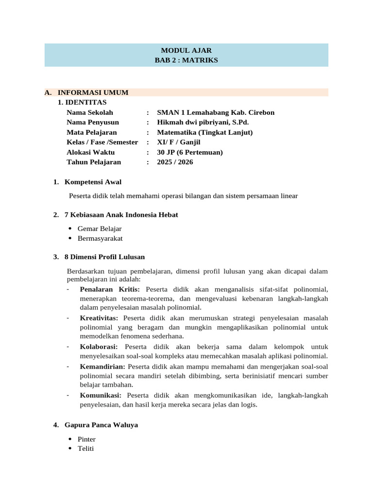 Modul Ajar Matematika: Matriks Kelas XI | PDF