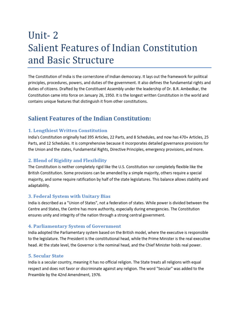 Salient Features of Indian Constitution | PDF | Constitution | Justice