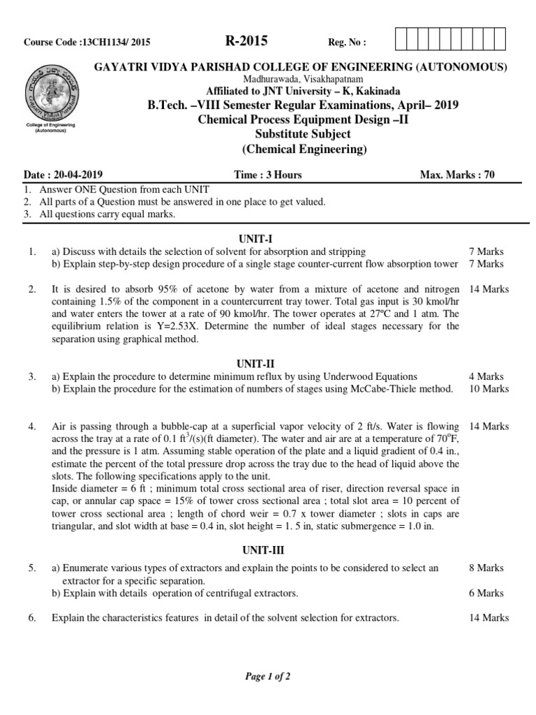 Chemical Process Equipment Design Exam | PDF | Pressure Measurement ...