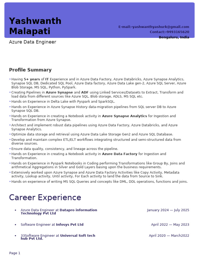 Azure Data Engineer Profile Summary | PDF | Microsoft Sql Server ...