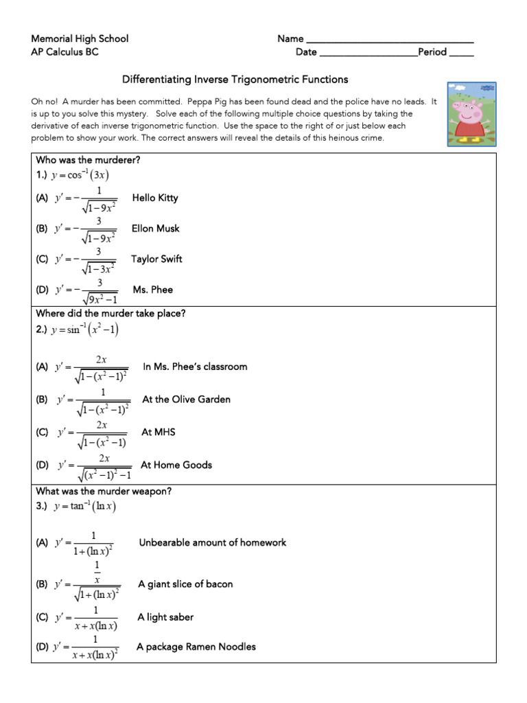 AP Calculus Mystery: Derivatives Game | PDF | Trigonometric Functions ...