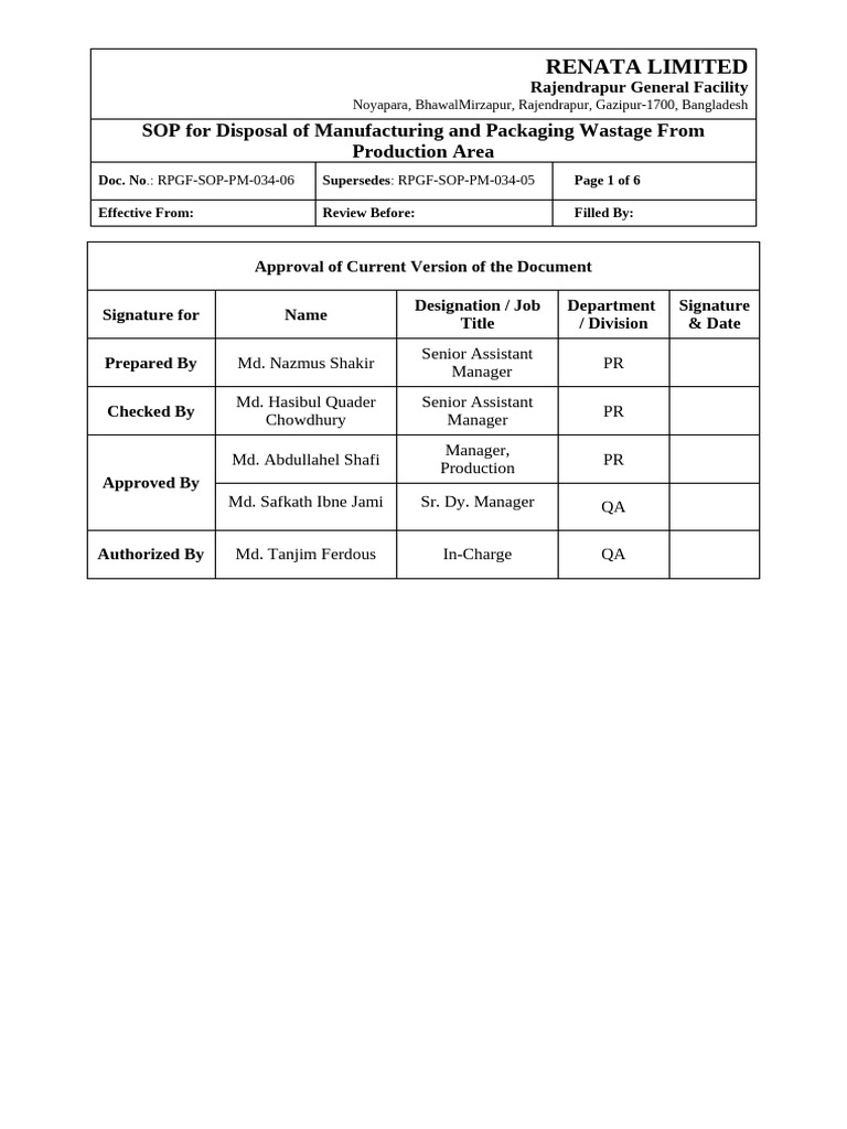 SOP for Waste Disposal at Renata Limited | PDF | Sodium Hydroxide ...