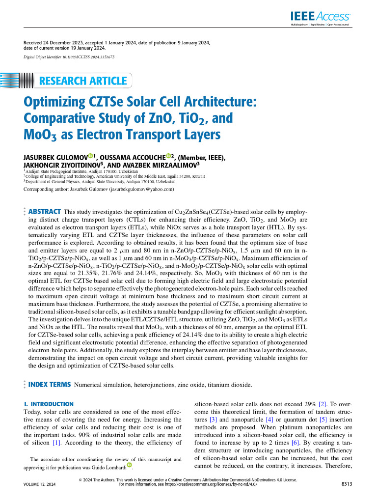 Optimizing CZTSe Solar Cells with ETLs | PDF | Solar Cell | Refractive ...