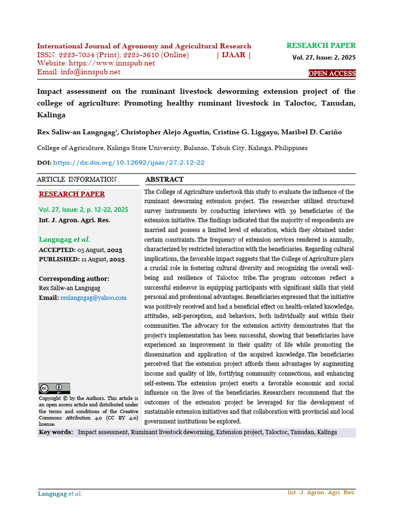 Impact assessment on the ruminant livestock deworming extension project ...