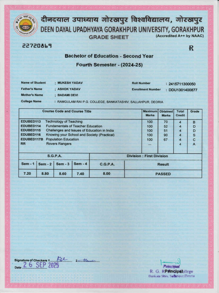 Mukesh Yadav Bed Marksheet | PDF | Teaching | Behavior Modification