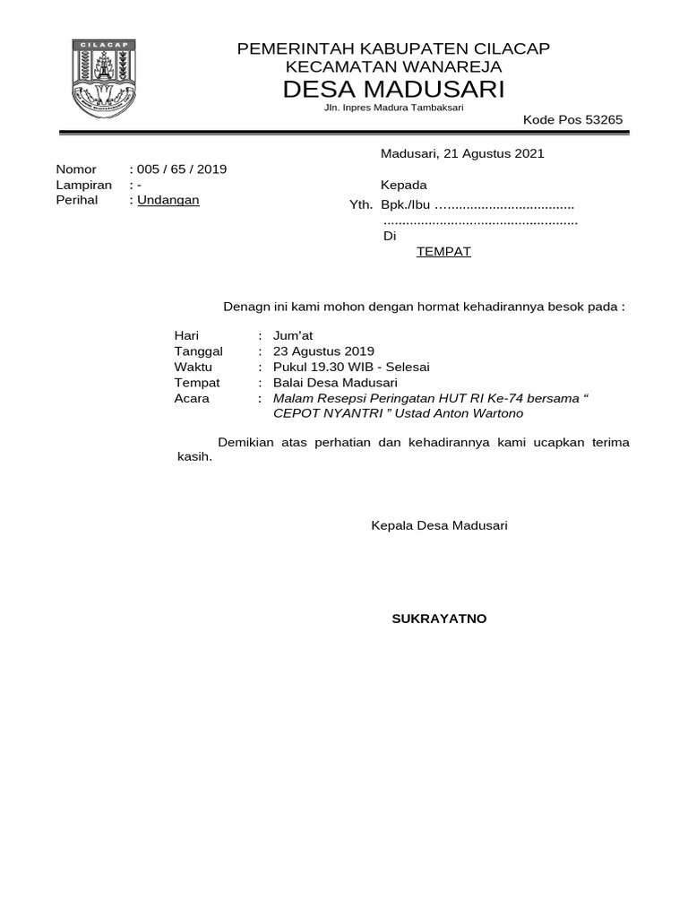 Undangan Acara HUT RI Ke-74 Madusari | PDF