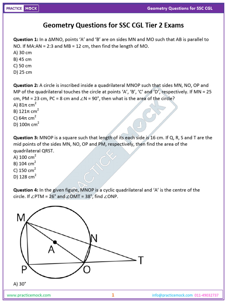 SSC CGL Geometry Practice Questions | PDF | Circle | Area