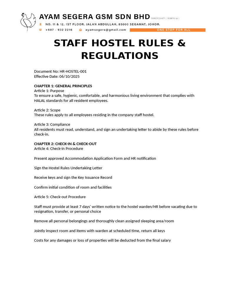Staff Hostel Rules and Regulations | PDF