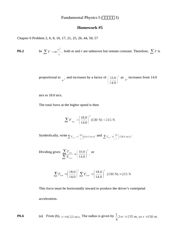 Physics I Homework Problems Summary | PDF | Force | Dynamics (Mechanics)